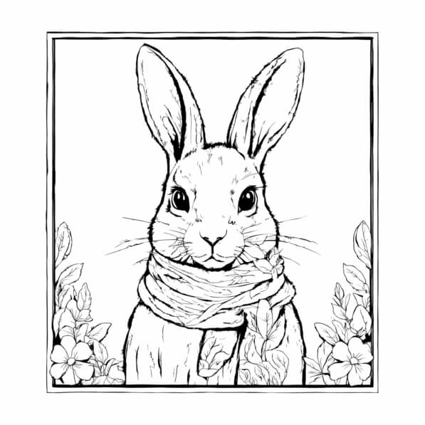 Download Whimsical Rabbit Illustration with Scarf and Flowers Coloring ...