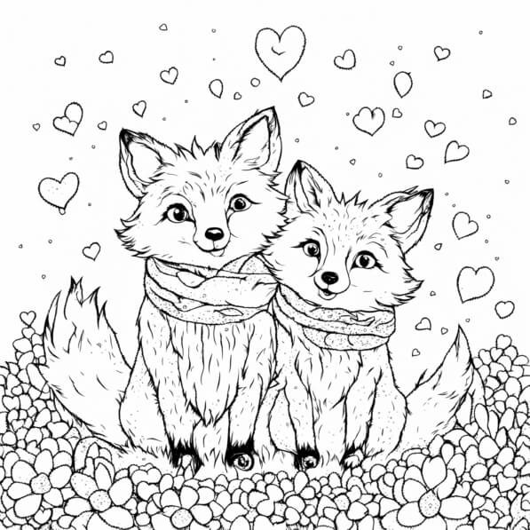 Download Cute Foxes in Love with Flowers and Hearts Coloring pages ...