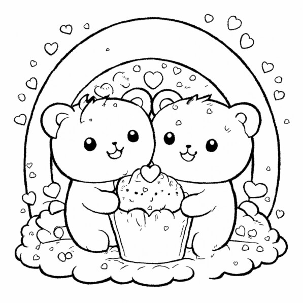 Download Cute Cartoon Bears with Cupcake and Rainbow Coloring pages ...