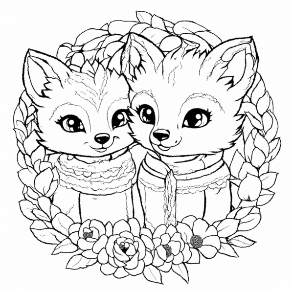 Download Twee Cartoon Vossen in een Bloemenguirlande Kleurplaten online ...