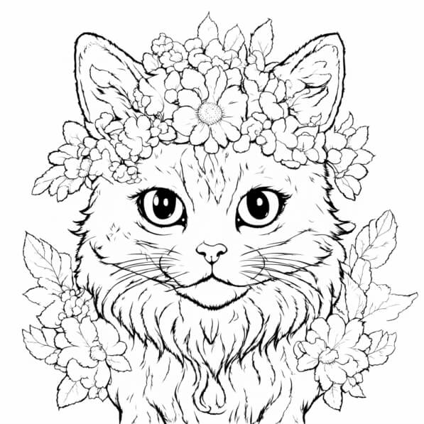 Download Floral Cat Illustration Coloring pages Online - Creative Fabrica