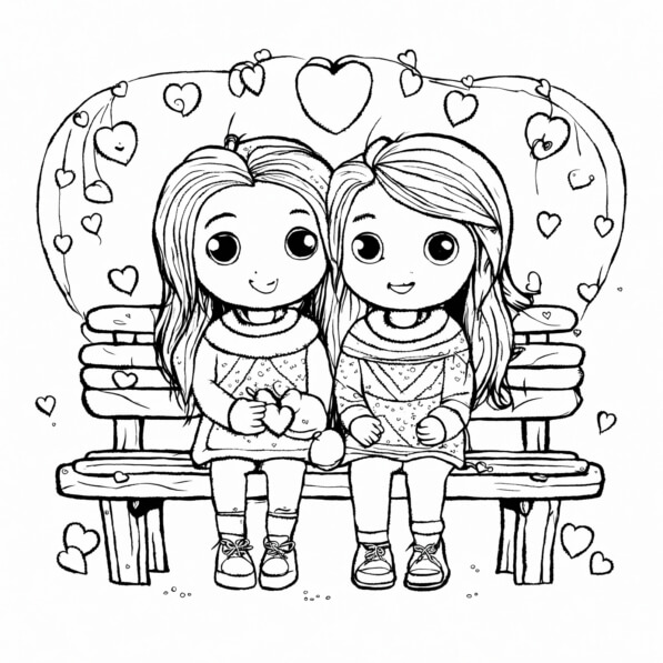 Download Cartoon Girls on Bench with Hearts Coloring pages Online ...