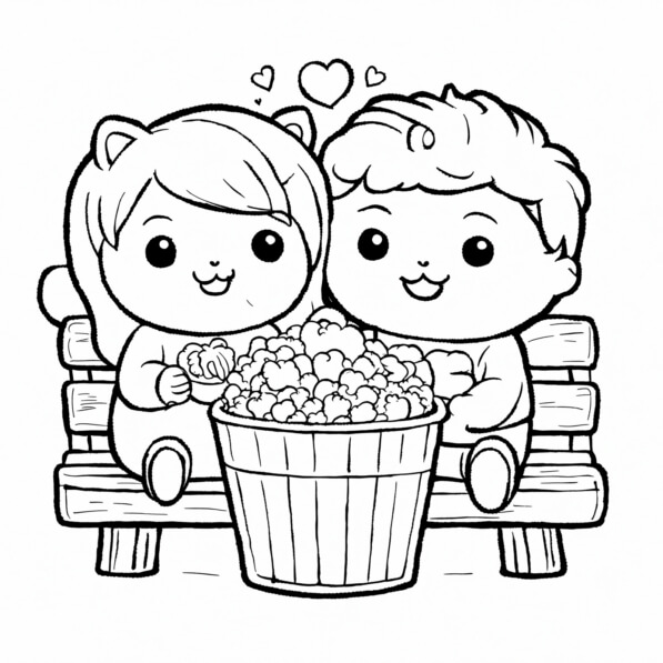 Download Cute Cartoon Characters Sharing Popcorn Coloring pages Online ...