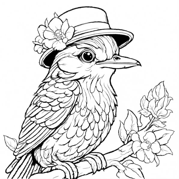 Download Whimsical Bird Illustration with Hat and Flower Coloring pages ...