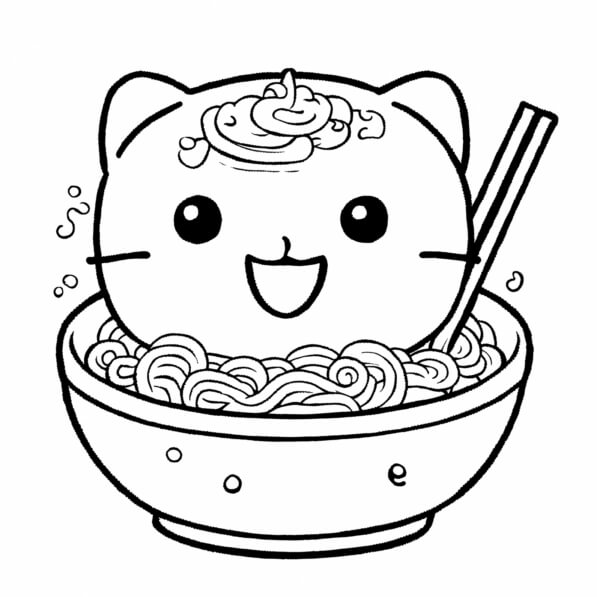 Download Cute Cartoon Cat in Noodle Bowl Coloring pages Online ...
