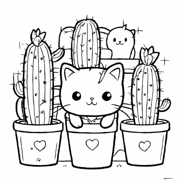 Descarga Gato de dibujos animados rodeado de cactus Páginas para ...