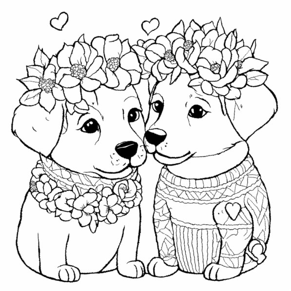 Download Two Adorable Puppies with Flower Crowns Coloring pages Online ...