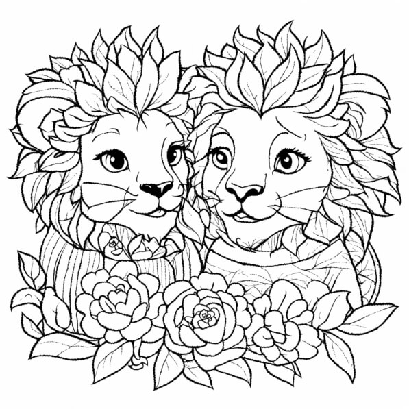 Download Two cartoon-style lions with floral accents Coloring pages ...