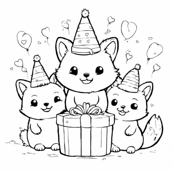 Download Three Cartoon Foxes Celebrating a Birthday Coloring pages ...