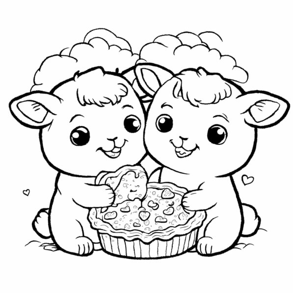 Download Two Cartoon Lambs Sharing Pie Coloring pages Online - Creative ...