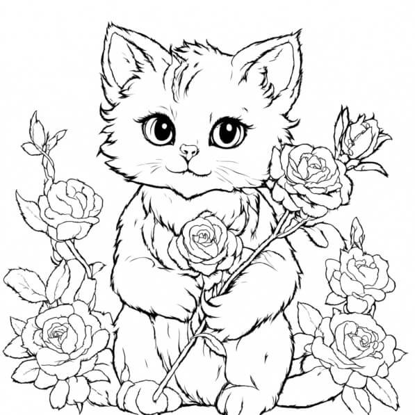 Download Cute Kitten with Roses Coloring pages Online - Creative Fabrica