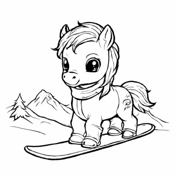 Descarga Pony de caricatura haciendo snowboard en un paisaje invernal ...