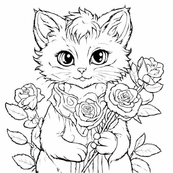 Download Cute Cat Holding Roses Coloring pages Online - Creative Fabrica