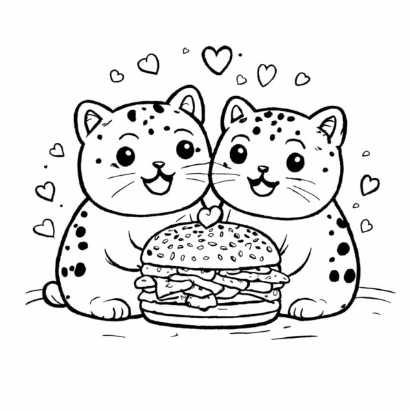 Zwei süße Katzen teilen einen Burger Malvorlagen online herunterladen ...