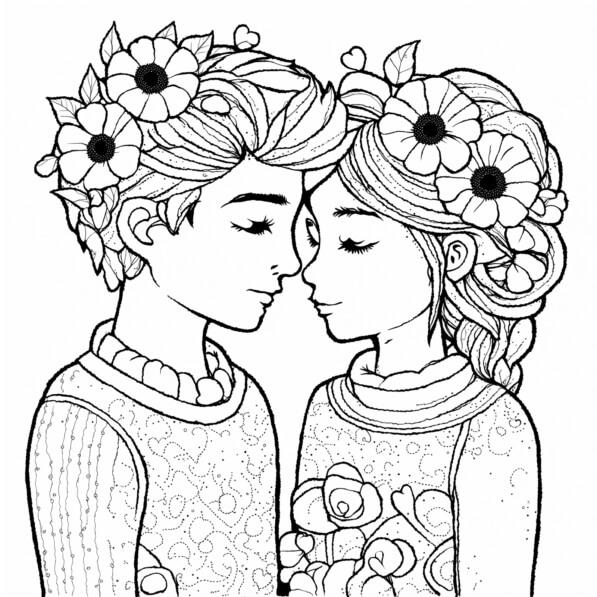 Download Couple in Love with Floral Accents Coloring pages Online ...