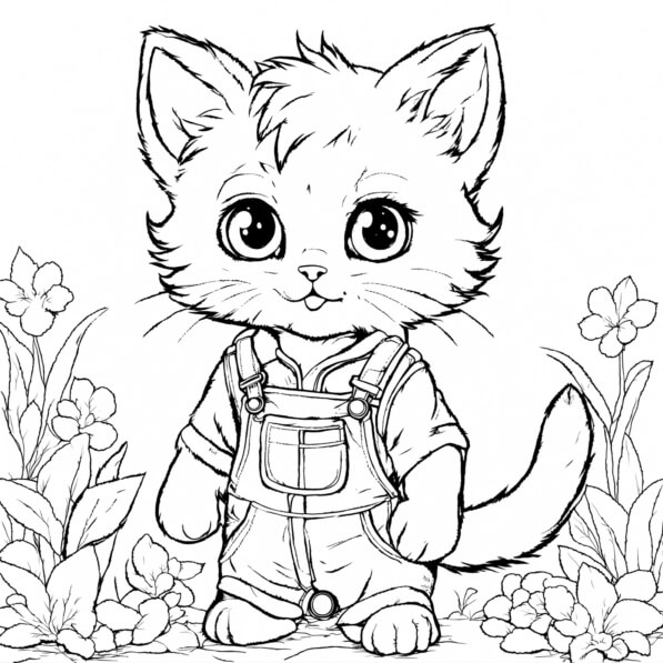 Descarga Gato de dibujos animados con overoles y flores Páginas para ...