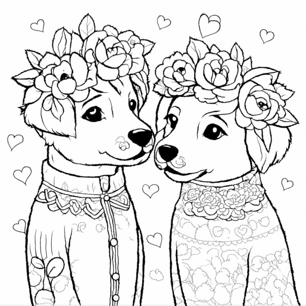 Download Romantic Cartoon Dogs with Floral Crowns Coloring pages Online ...