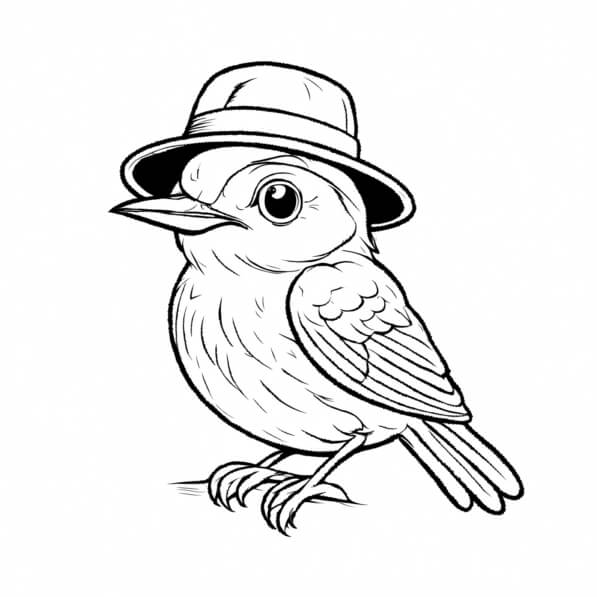 Download Whimsical Bird with Hat Coloring pages Online - Creative Fabrica