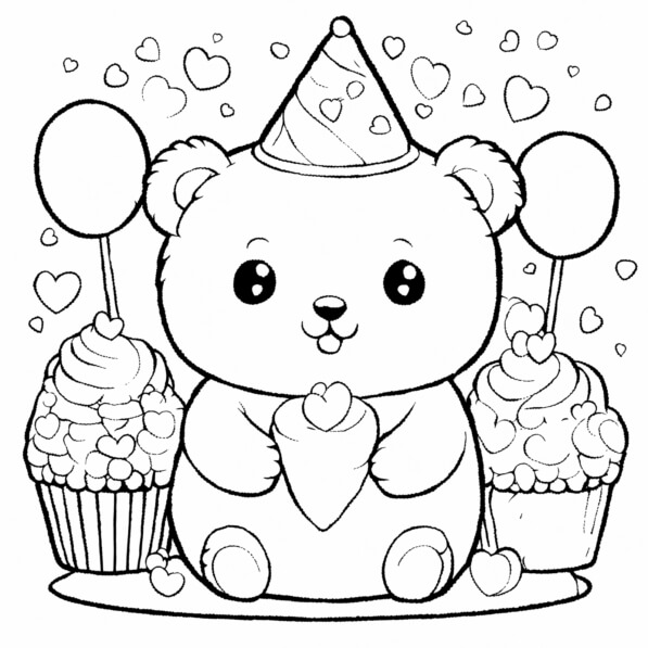 Download Cute Bear Celebrating with Cupcakes and Balloons Coloring ...
