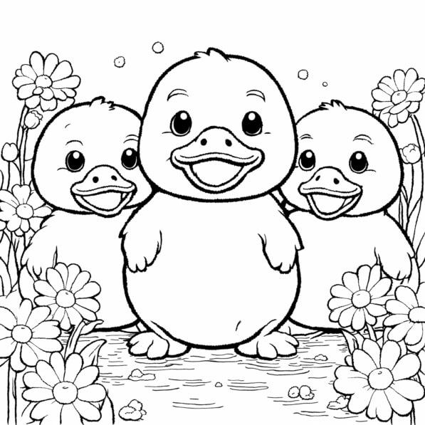 Descarga Tres patitos felices rodeados de flores Páginas para colorear ...