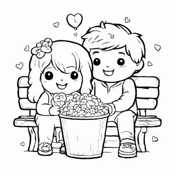 Download Cute couple sharing popcorn on a bench Coloring pages Online ...