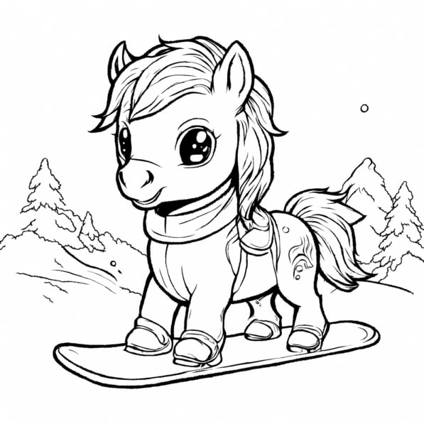 Descarga Pony de dibujos animados practicando snowboard en un paisaje ...
