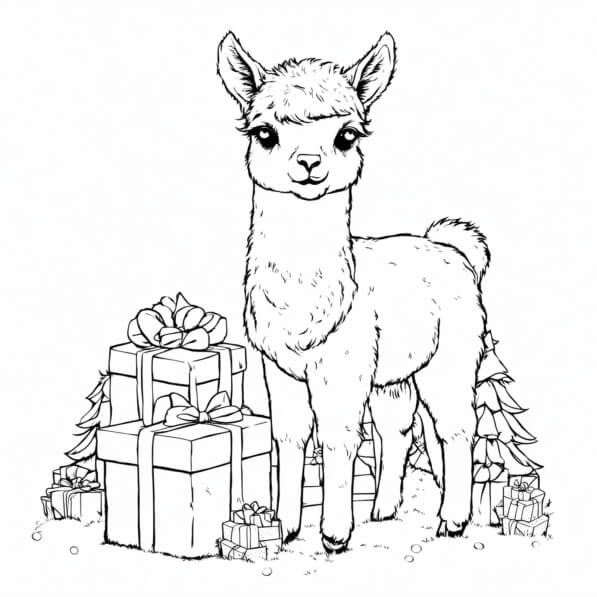 Download Llama with Holiday Gifts Coloring pages Online - Creative Fabrica