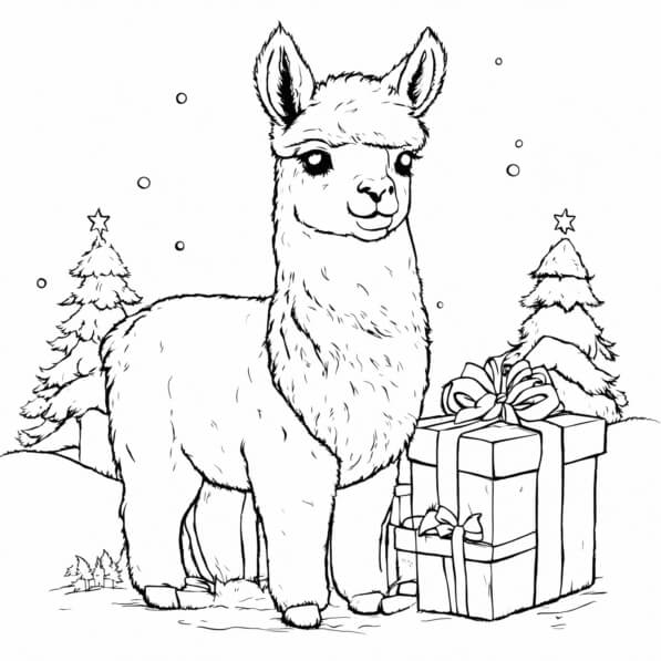 Download Llama with Christmas Gift Coloring pages Online - Creative Fabrica