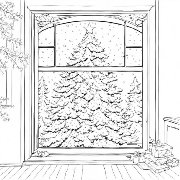 Download Cozy Christmas Scene with Window View Coloring pages Online ...