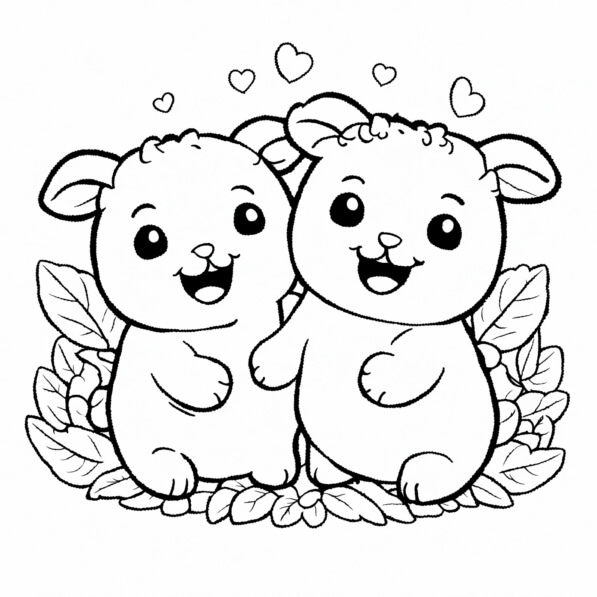 Download Two Cute Cartoon Sheep with Hearts Coloring pages Online ...