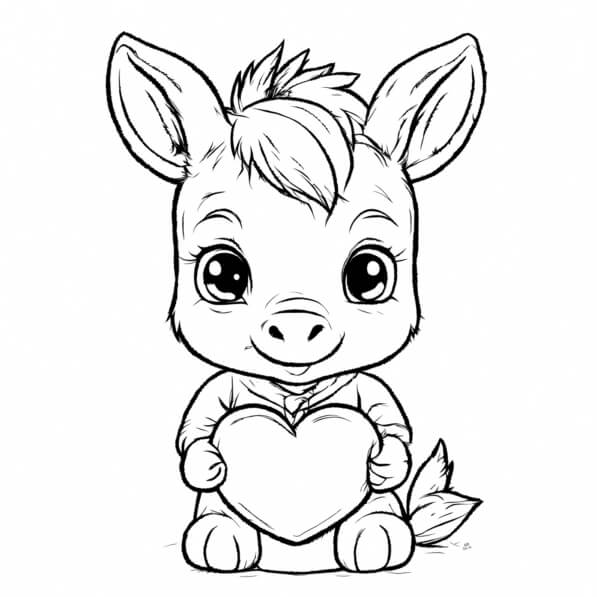 Download Cute Cartoon Donkey Holding a Heart Coloring pages Online ...