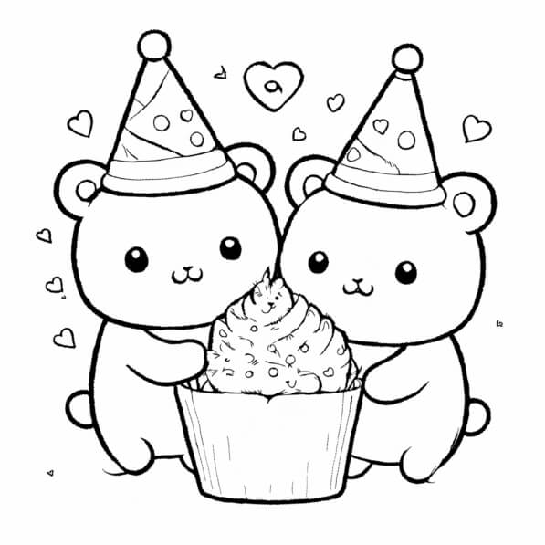 Download Two Bears Celebrating with Cupcake Coloring pages Online - Creative Fabrica