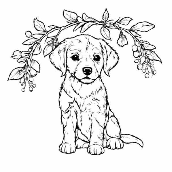 Download Illustrated Puppy Under Leafy Branch Coloring pages Online ...