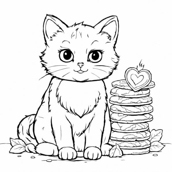 Download Cute Cat with Cookies Coloring pages Online - Creative Fabrica