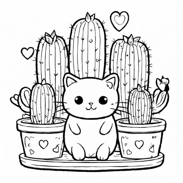 Descarga Gato lindo con cactus Páginas para colorear En Línea ...