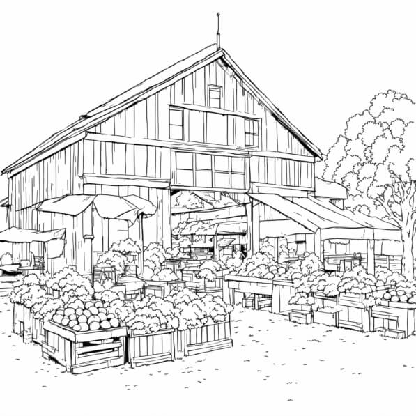 Download Farm Market with Barn Coloring pages Online - Creative Fabrica