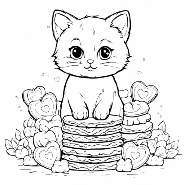 Download Cute Cat with Pancakes and Treats Coloring pages Online ...