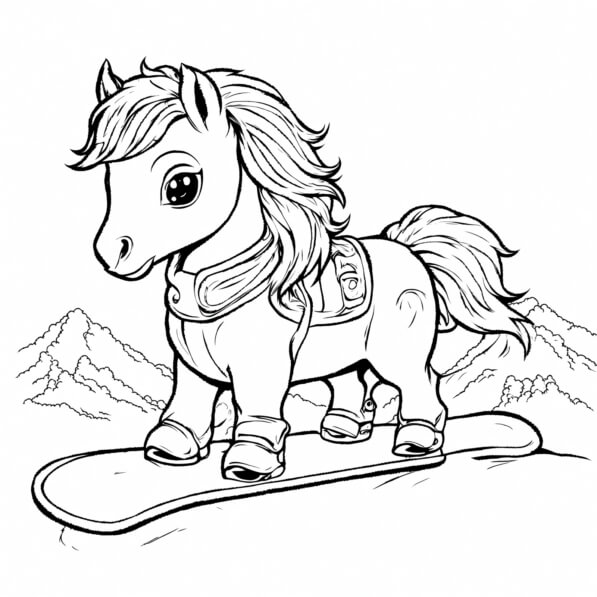 Descarga Pony de dibujos animados practicando snowboard en las montañas ...