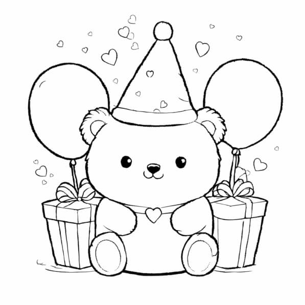 Download Cute Bear Celebrating with Balloons and Gifts Coloring pages ...