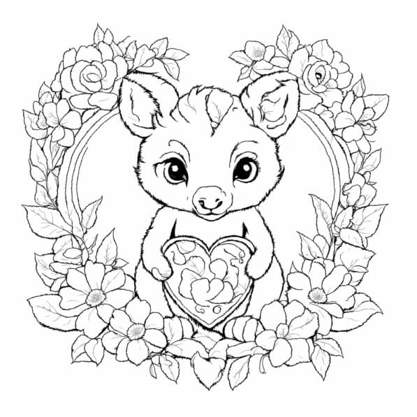 Download Cute Animal Holding Heart Surrounded by Flowers Coloring pages ...