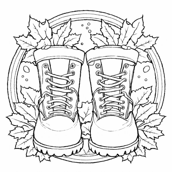Download Hiking Boots Surrounded by Leaves Coloring pages Online ...
