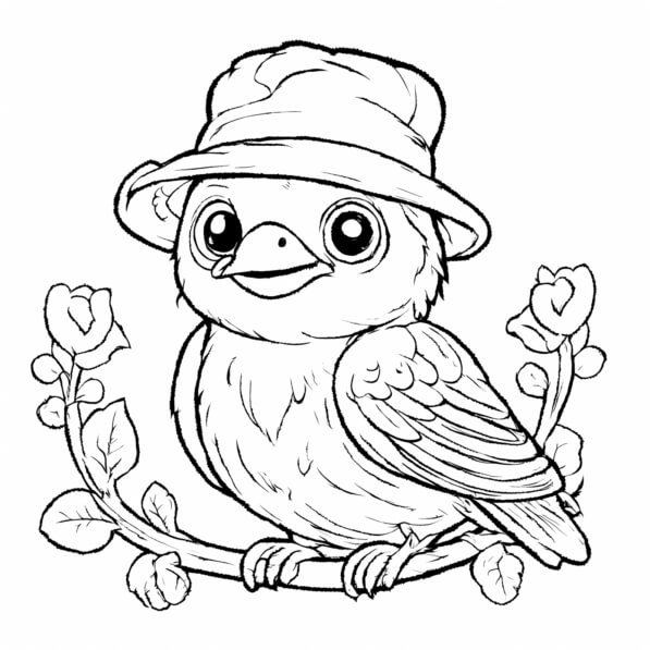 Download Cartoon Bird with Hat Coloring pages Online - Creative Fabrica