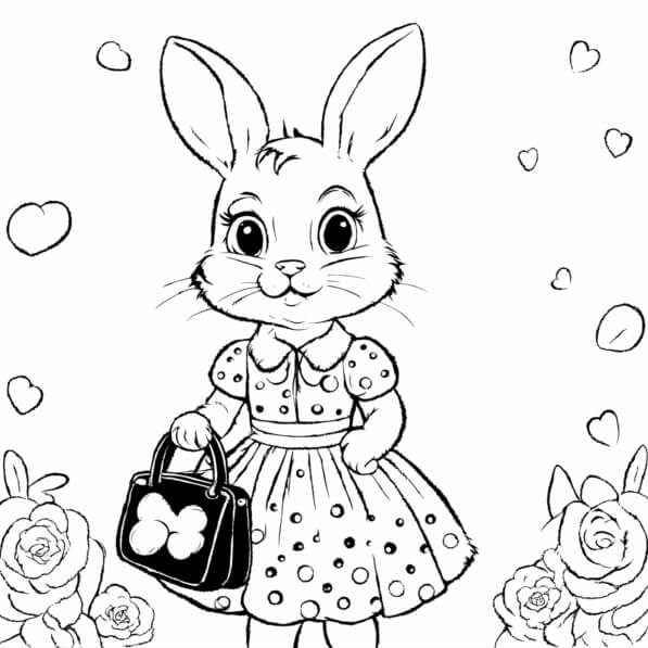 Download Cute Cartoon Rabbit Character in Dress with Handbag Coloring ...