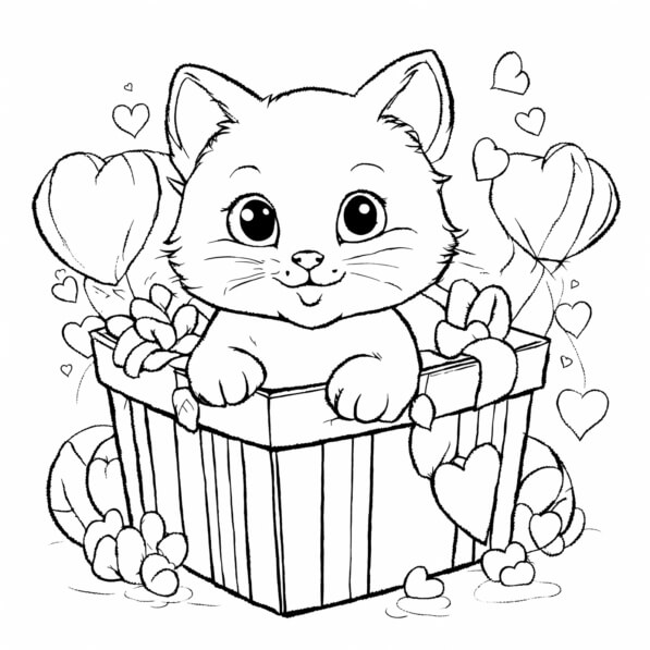 Download Cute Cat in a Gift Box Coloring pages Online - Creative Fabrica