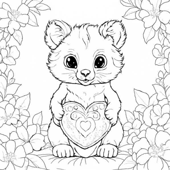 Download Cute Animal Holding Heart in Floral Frame Coloring pages ...