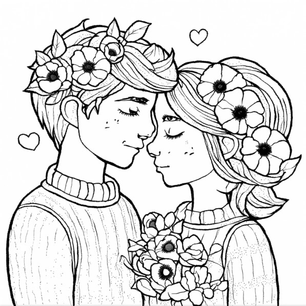 Download Couple in Love with Floral Accents Coloring pages Online ...