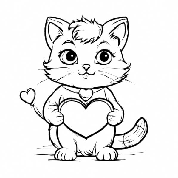 Download Cute Cat Holding a Heart Coloring pages Online - Creative Fabrica