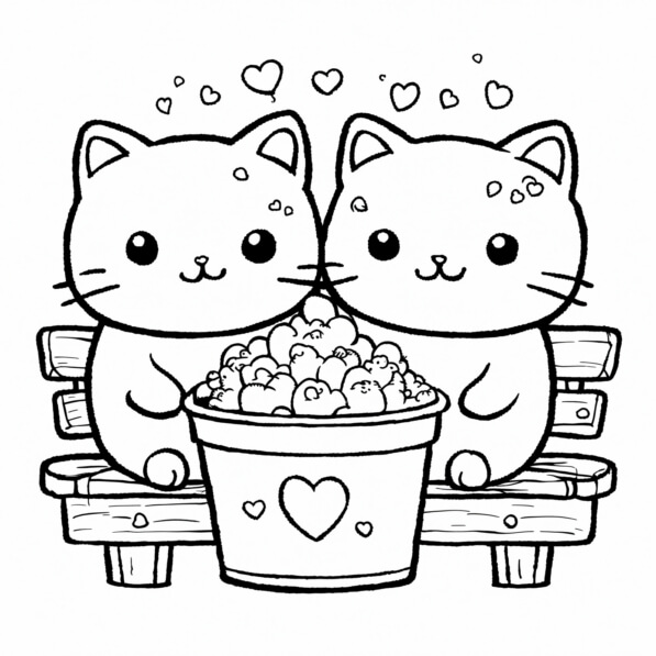 Download Two Cute Cats Sharing Popcorn Coloring Pages Online Creative