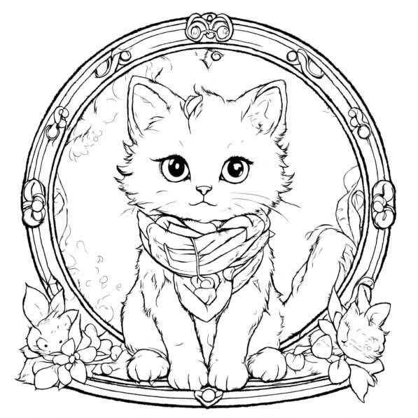 Download Cute Kitten with Decorative Frame and Bunnies Coloring pages ...