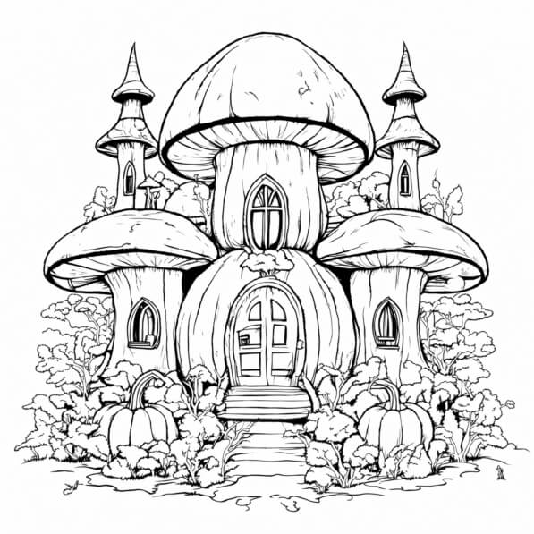 Download Whimsical Mushroom House Coloring pages Online - Creative Fabrica
